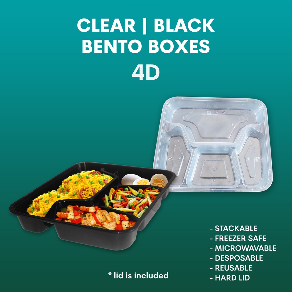 (50pcs) 4 division microwaveable container 1000ml black/clear | Shopee ...