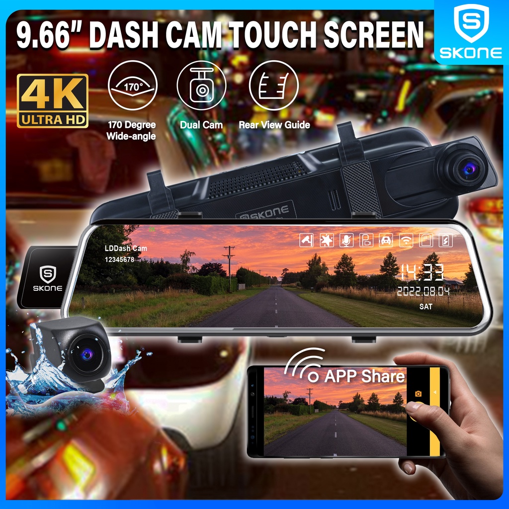 Dash Cam DVR Camera WiFi 4K + 2K Full HD Ultra Clear 9.66 Inch Wide ...