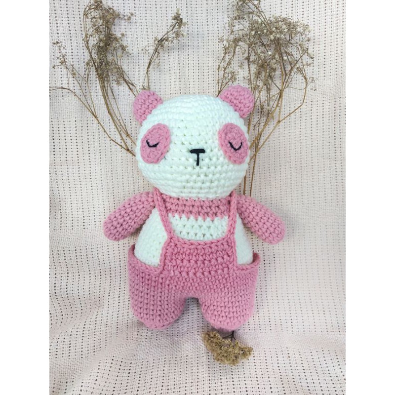(custom) panda knitted doll with overalls+swimsuit (Amigurumi panda ...