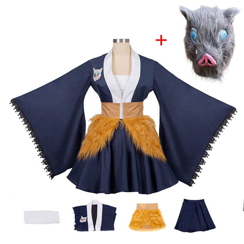 Anime Demon Slayer Hashibira Inosuke Cosplay Costume Dress Long Wig ...