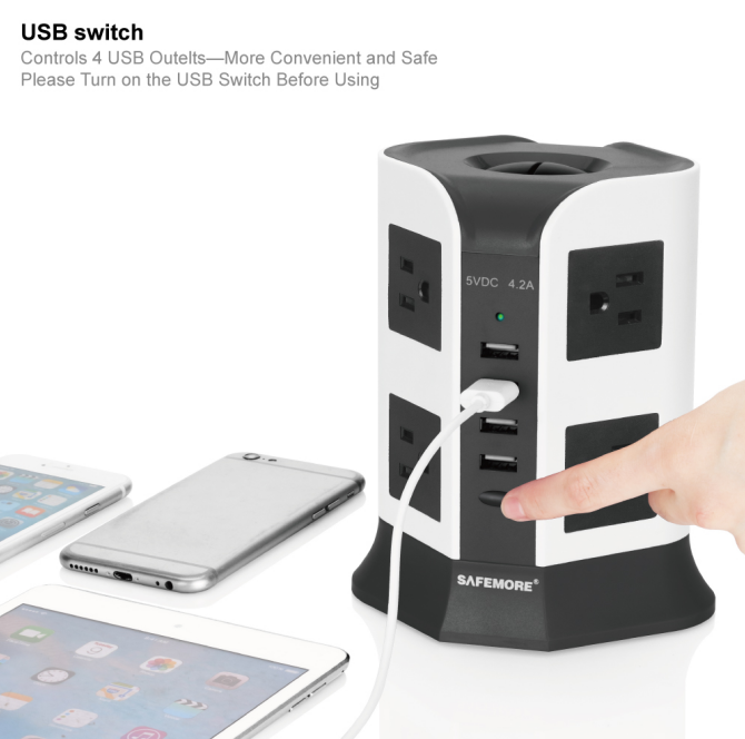 SAFEMORE Vertical Socket USB Charging Porous Home Office Tower Style ...