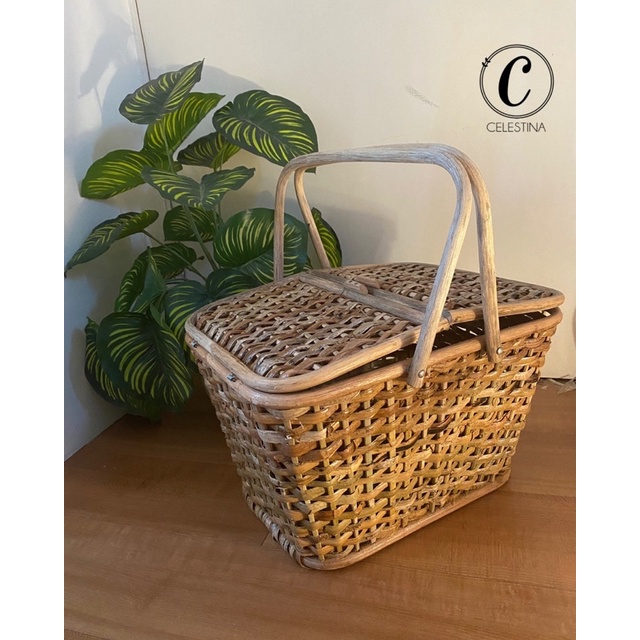 Rattan Picnic Basket| Handwoven Rattan Picnic Basket with Lid | Shopee ...
