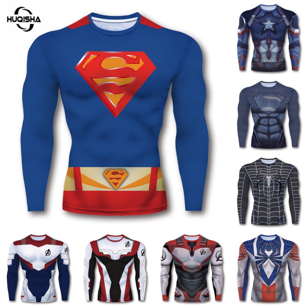 Avengers Superhero Superman 3D Pattern Men Long Sleeve Sports Gym Fits ...