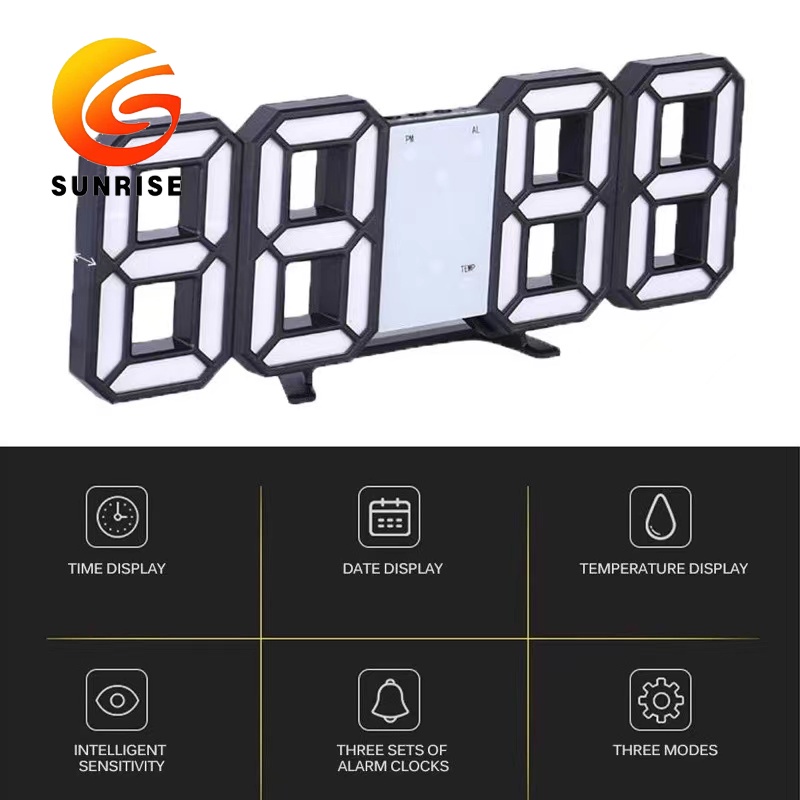 3D LED Wall clock Modern digital alarm clock display 12/24 hour display ...