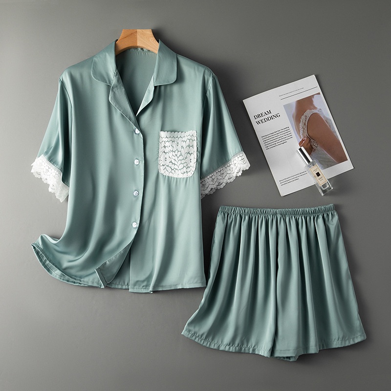 Women's Pajamas Summer Ice Silk Satin Short Sleeves Sleepwear Simple ...