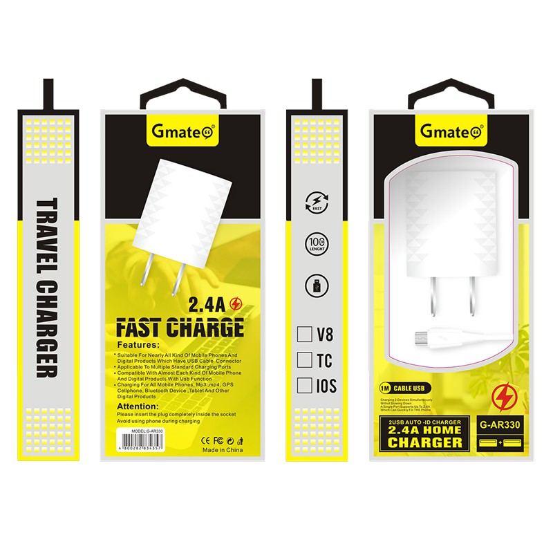Alibaba G-Ar330 2.4A Fast Charger 2 Usb Port 1M Usb Cable Micro/Ios ...
