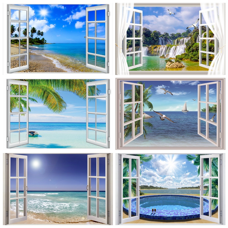 2022 NEW Laeacco Photography Backdrops Tropical Palme Tree Window Island Sea Beach Blue Sky ...