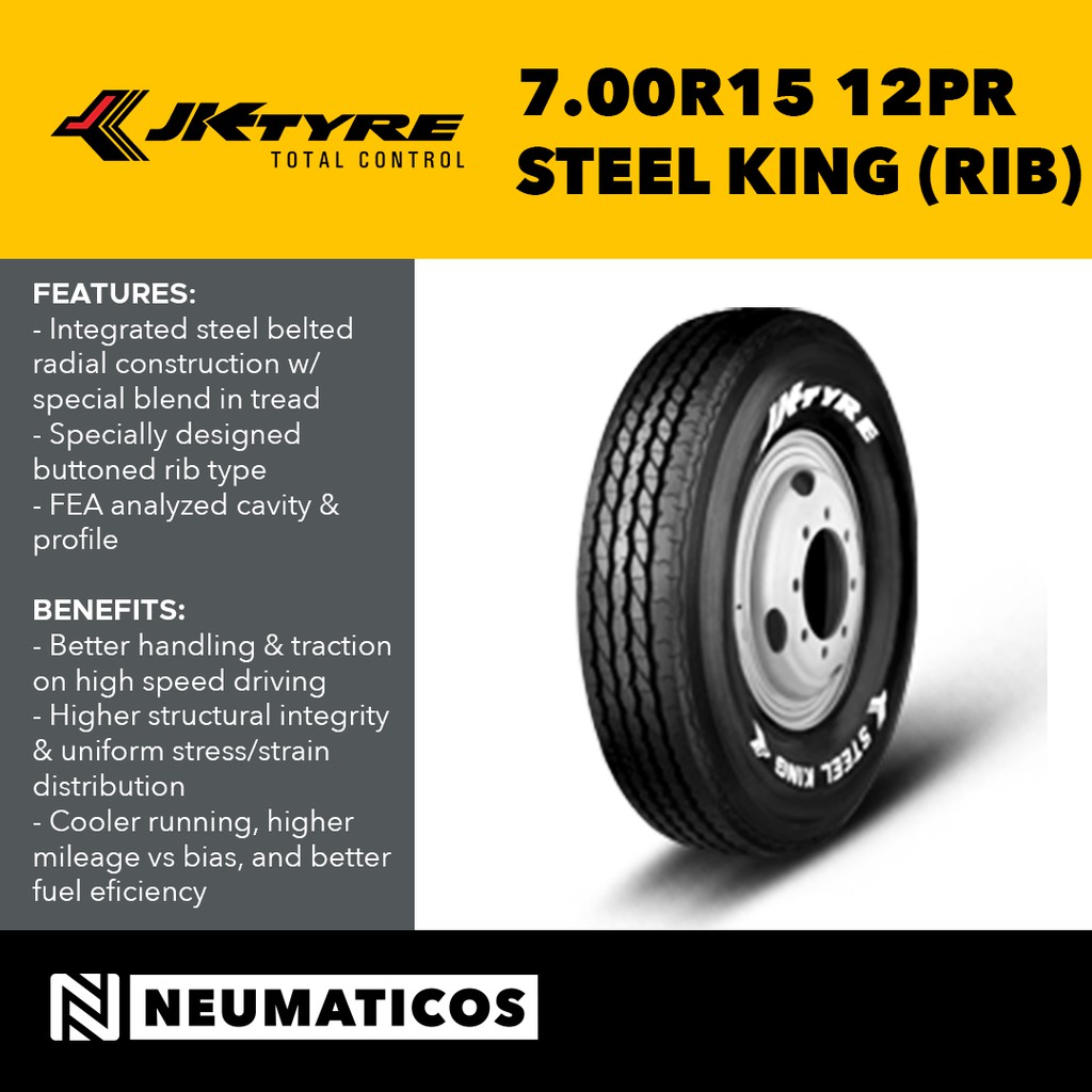 JK Tyre 7.00R15 12PR Steel King (Rib) Light Truck Radial (LTR), Made in ...