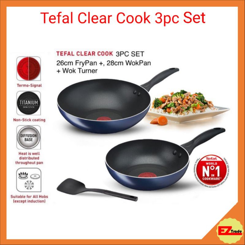 Tefal Clear Cook 3pc Set Frying Pan. 26cm Frypan, 28cm Wokpan, Spatula ...