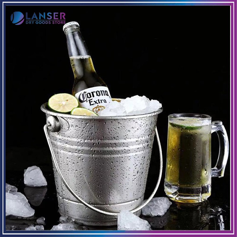 Stainless steel ice bucket Thickened handle ice bucket Double thermal ...