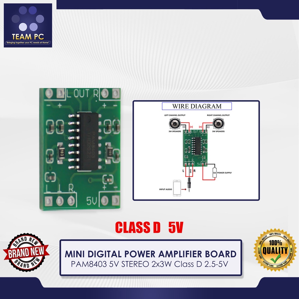 MINI DIGITAL POWER AMPLIFIER BOARD, PAM8403 5V STEREO 2x3W Class D 2.5-5V | Shopee Philippines