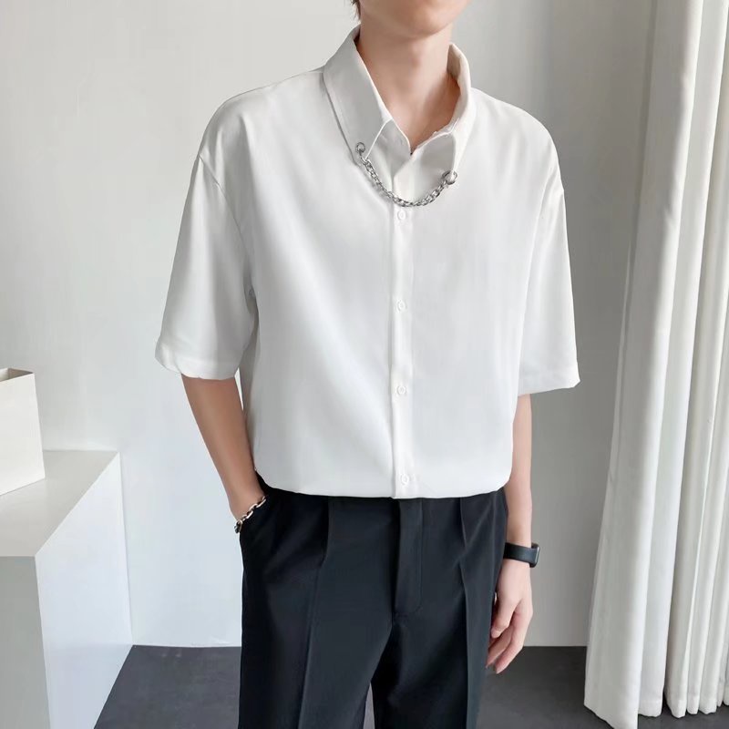 【m 3xl】mens Plain Short Sleeved Casual Shirt Ice Silk Five Point