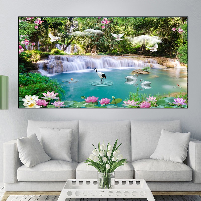 Chinese Style Swan Lotus Waterfall Canvas Painting Landscape Wall Art ...