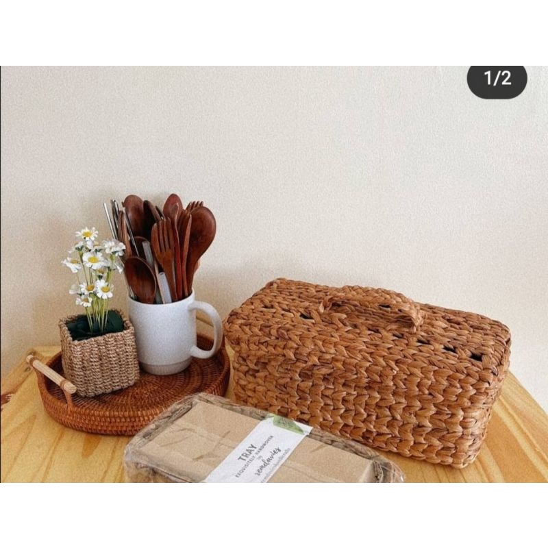 TRAY ORGANIZER RATTAN WOVEN BASKET NATIVE ORGANIZER WITH COVER | Shopee ...