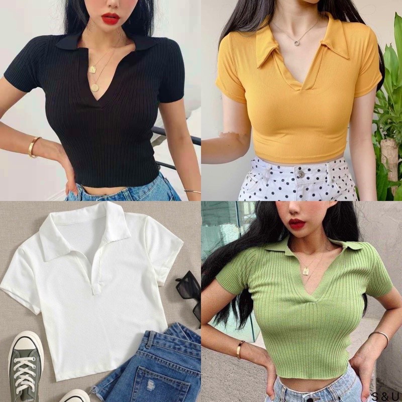 Cotton Plain Colar Style Women's Fashion Crop Top JF108 | Shopee ...