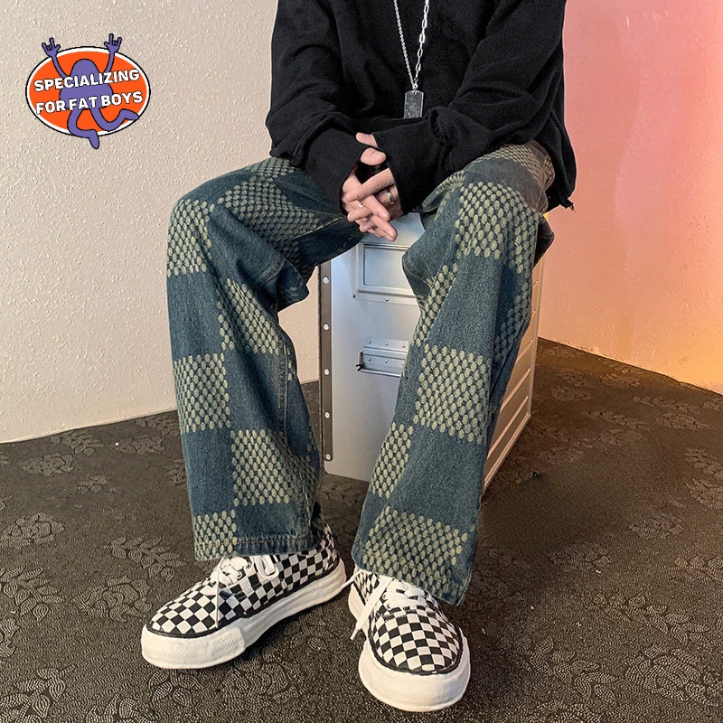 【S-3XL】Men's Fashion Checkerboard Stitching Printed Loose Jeans for Men ...