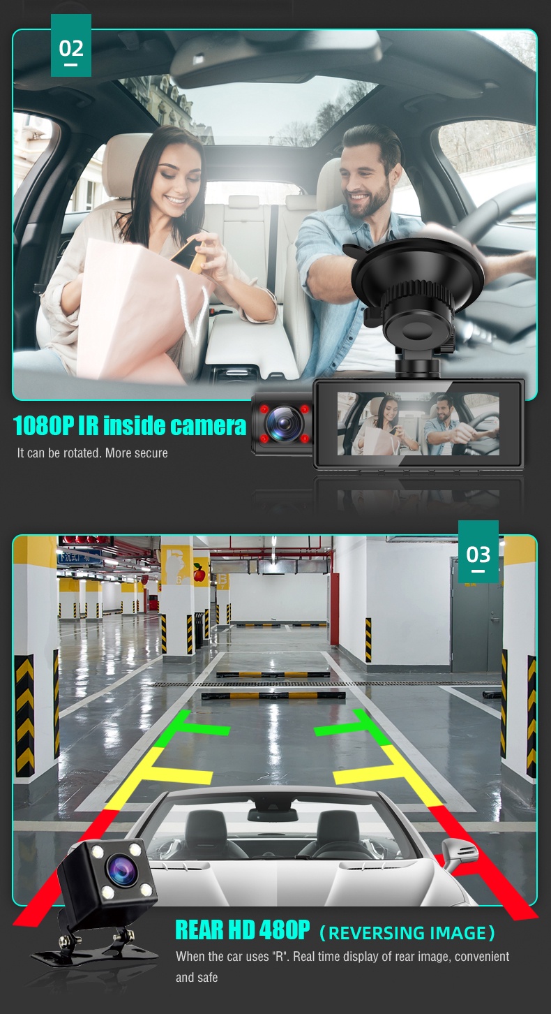 Asawin T3 3 Channels Dash Cam 3 Ways Car Camera Front And Rear Inside 3 ...