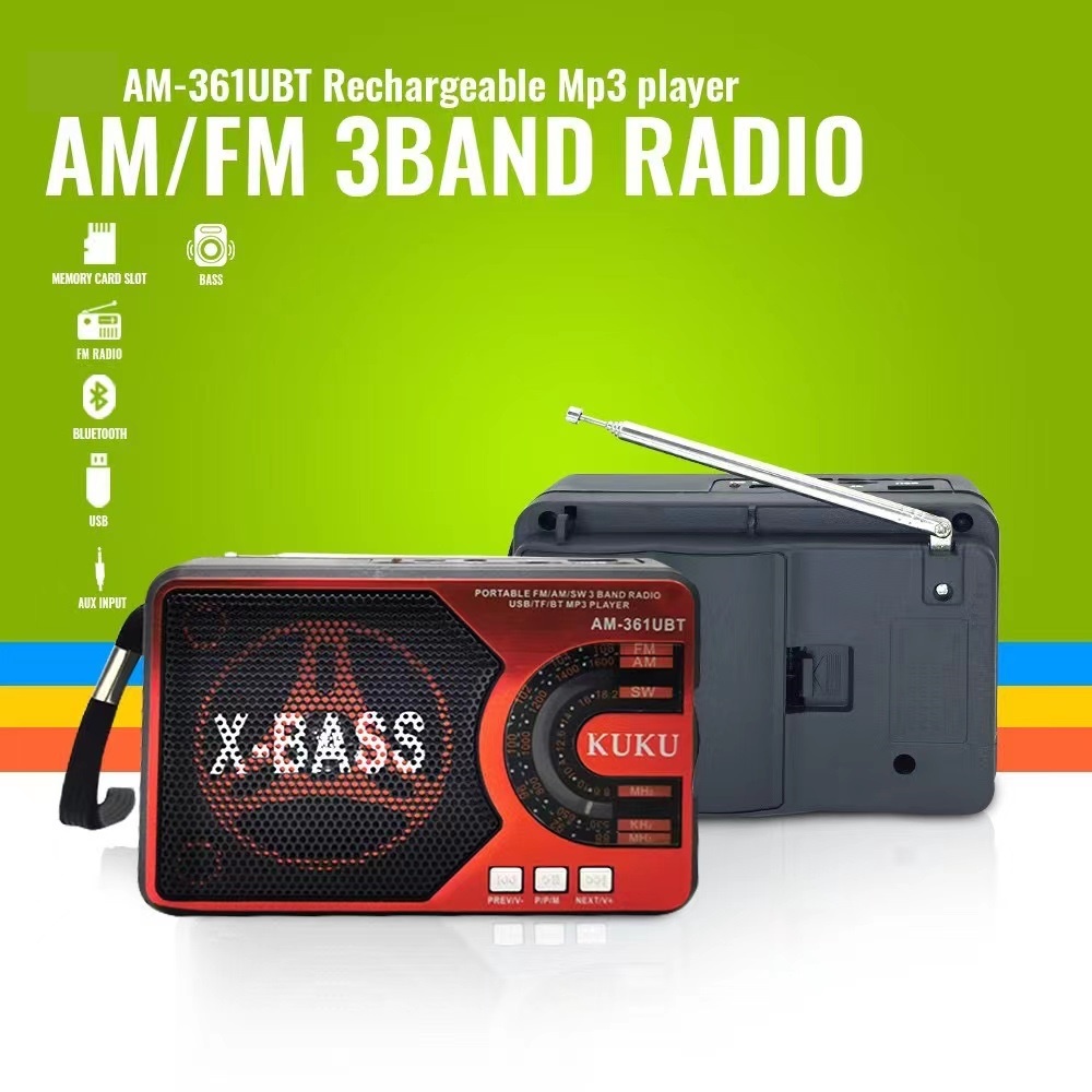 PinSan KUKU AM-361UBT AM/FM/SW 3 Band Portable Radio Rechargeable USB ...