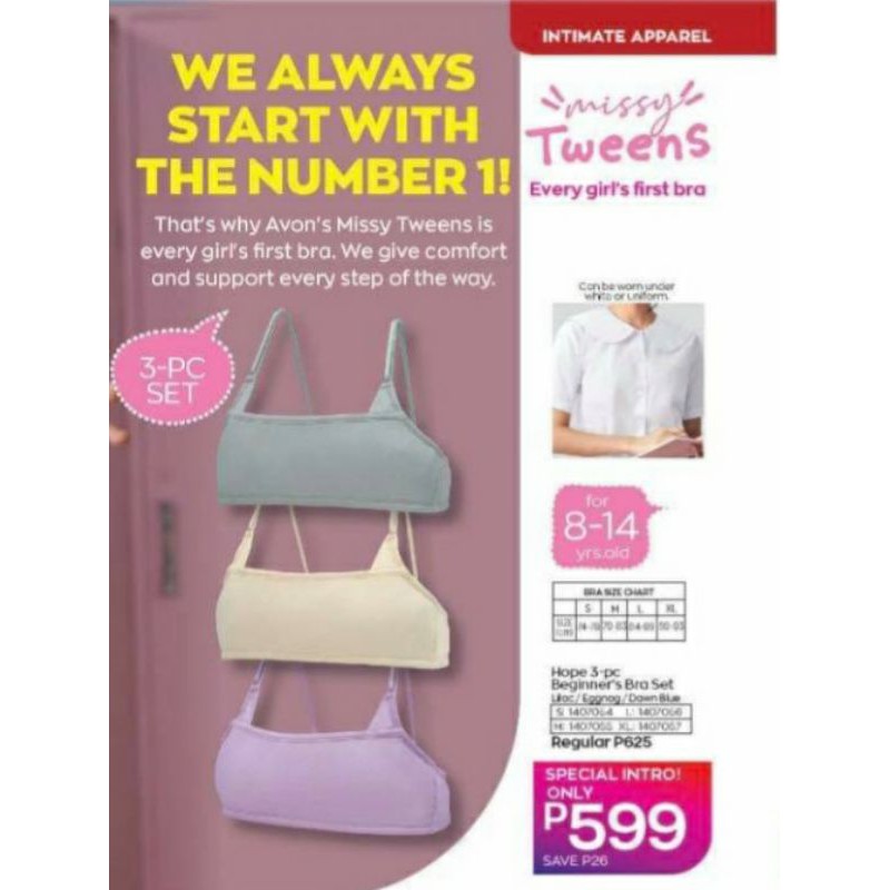 Avon BABY BRA HOPE RILEY 3-Pieces Beginner's Bra Set for 8-14 years old ...
