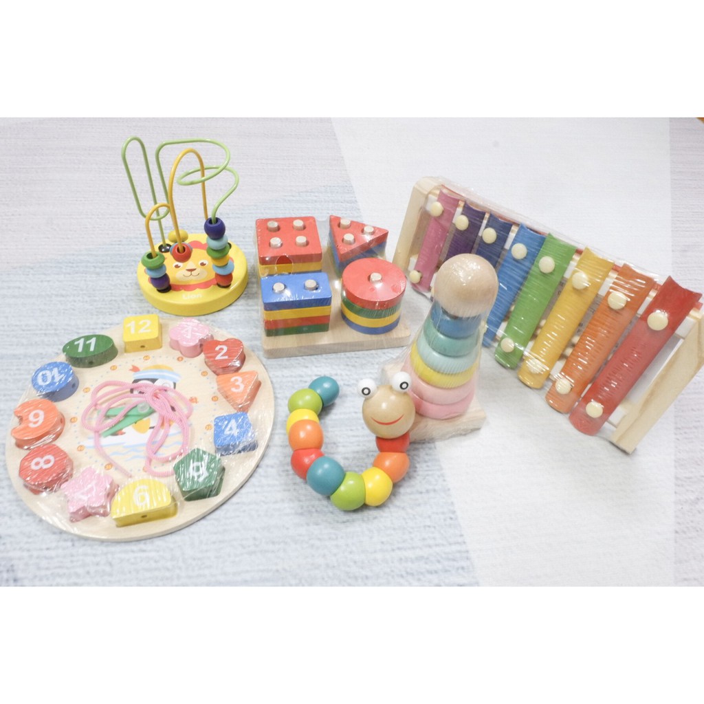 Wooden Toy Combo 6 Piece: Bead Threading - Wooden Worm - 8-Bar Wooden ...
