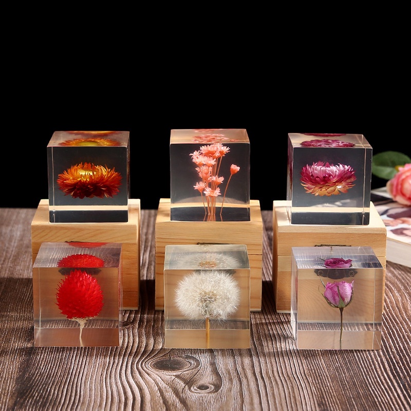 Resin Rose Daisy Cube Dandelion Crystal Glass Paperweight Real Natural ...