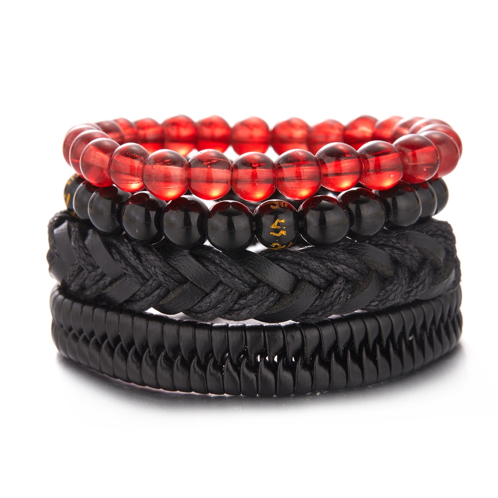4/5Pcs Fashion Men Beaded Wooden Bead Braided Bracelet Leather ...