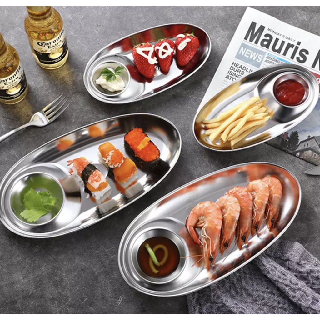Stainless Steel Snack Plate Divided Grid Plate Oval Plate With Sauce ...