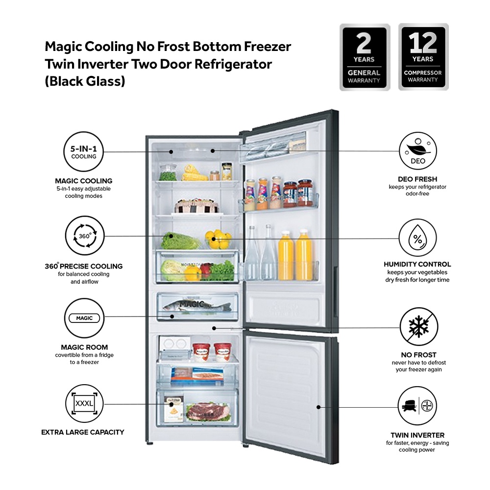 Haier HRF-IVB378VN (BG) 11.44 cu.ft./324L No Frost Twin Inverter Two Door Refrigerator (Black ...