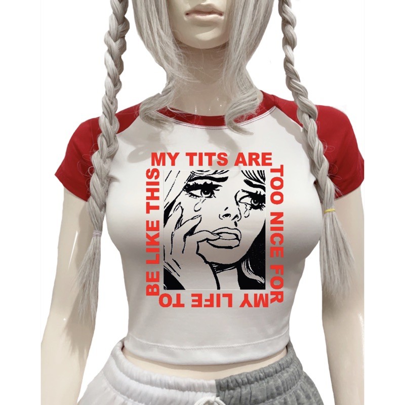 Two Tone Raglan Red and White crop top tee fits small to medium ...