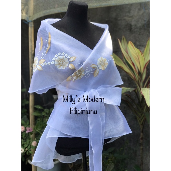 Modern Filipiniana wrap around Panuelo alampay/ white “JULIE”beige hand ...