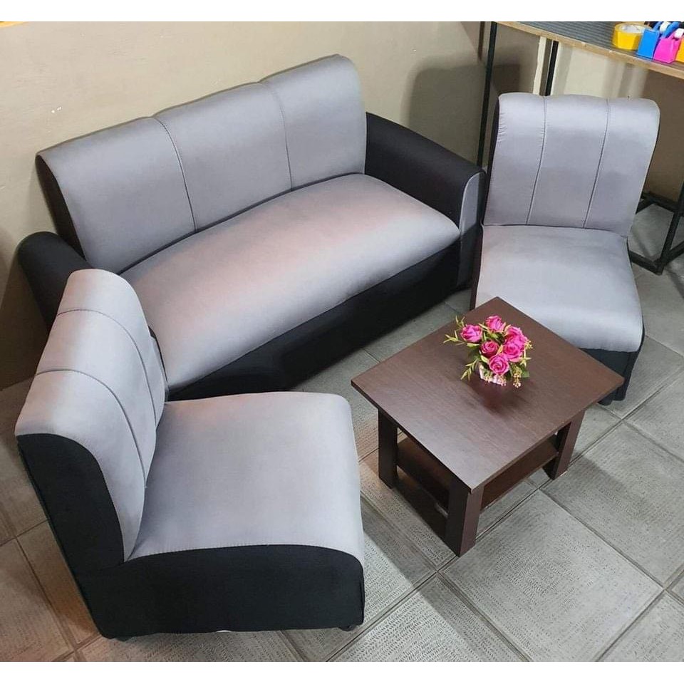 SALA SET FABRIC GRAY WITH WOOD TABLE FREE DELIVERY NCR | Shopee Philippines