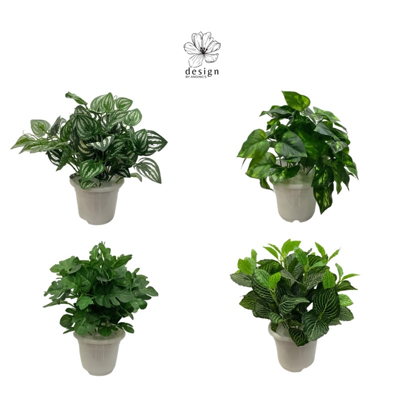 Artificial Leaves Arrangement Potted Plants in White Pot Watermelon Fittunia Pothos Split Philo ...