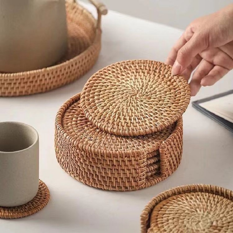 Natural Rattan Handmade Round Cup Mat Heat Insulation Pot Mat Placemat ...