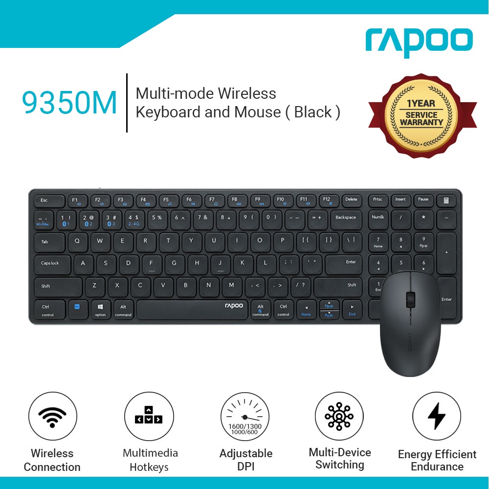 RAPOO 9350M Bluetooth Rechargeable Wireless Keyboard and Battery ...