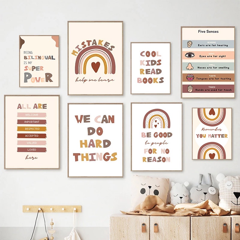 Rainbow Boho Classroom Motivational Quotes Poster Nursery Wall Art ...