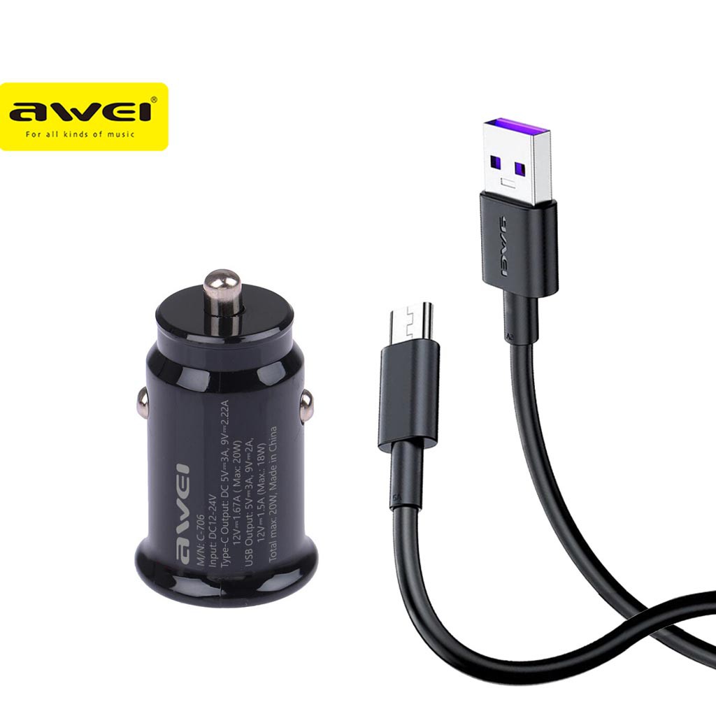 Awei C-706 PD20W USB Type C Data Cable Car Charger Ultra Fast Charging ...