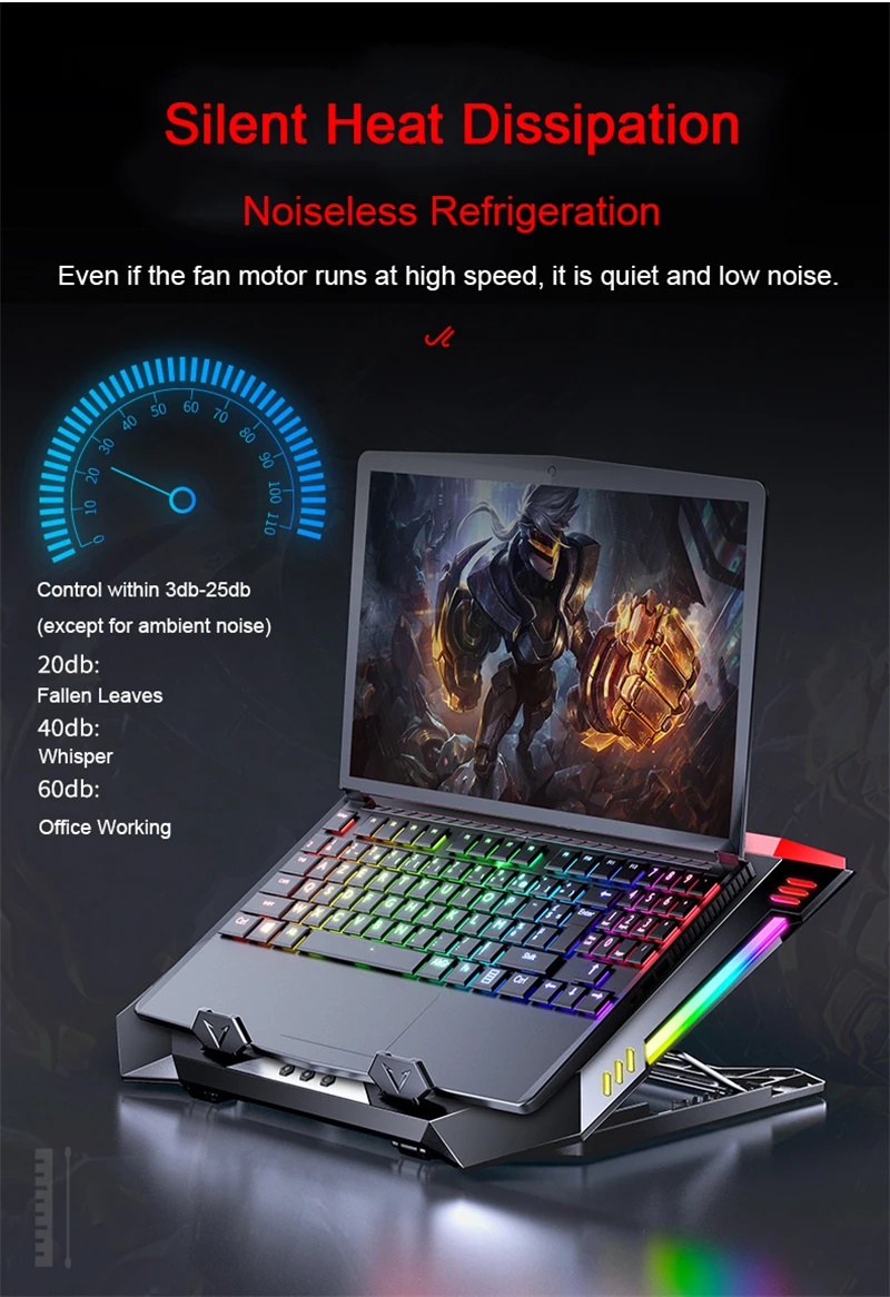 RGB Gaming Laptop Cooler Adjustable Notebook Stand 4500 RPM Powerful ...