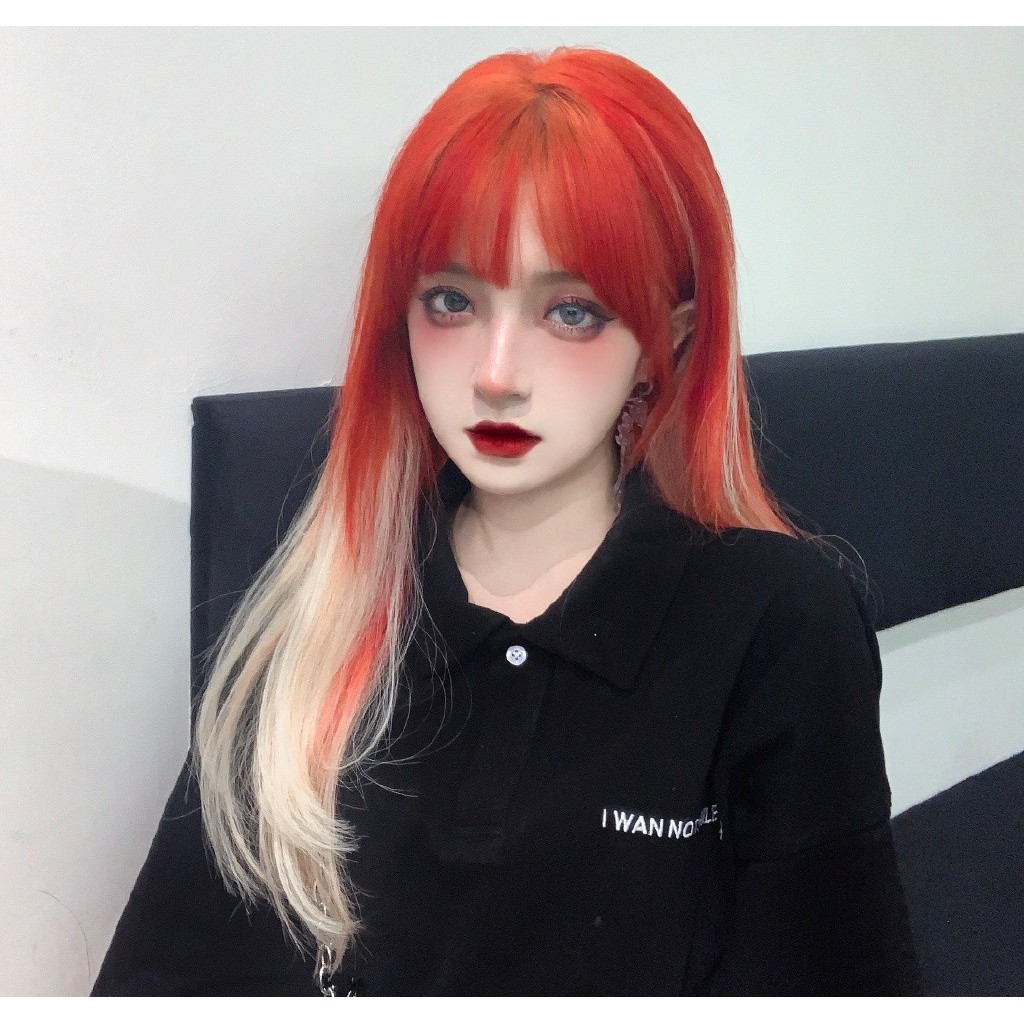 Wig Long Straight Hair Golden Gradient Orange Straight Hair Wig Cosplay ...