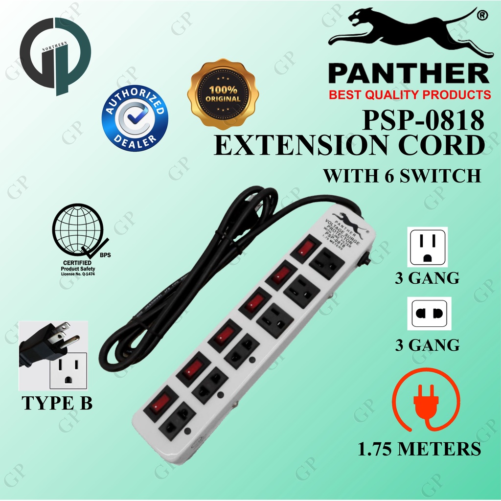 Panther Voltage Surge Protector 6-Gang 1.75 Meters PSP-0818 ...
