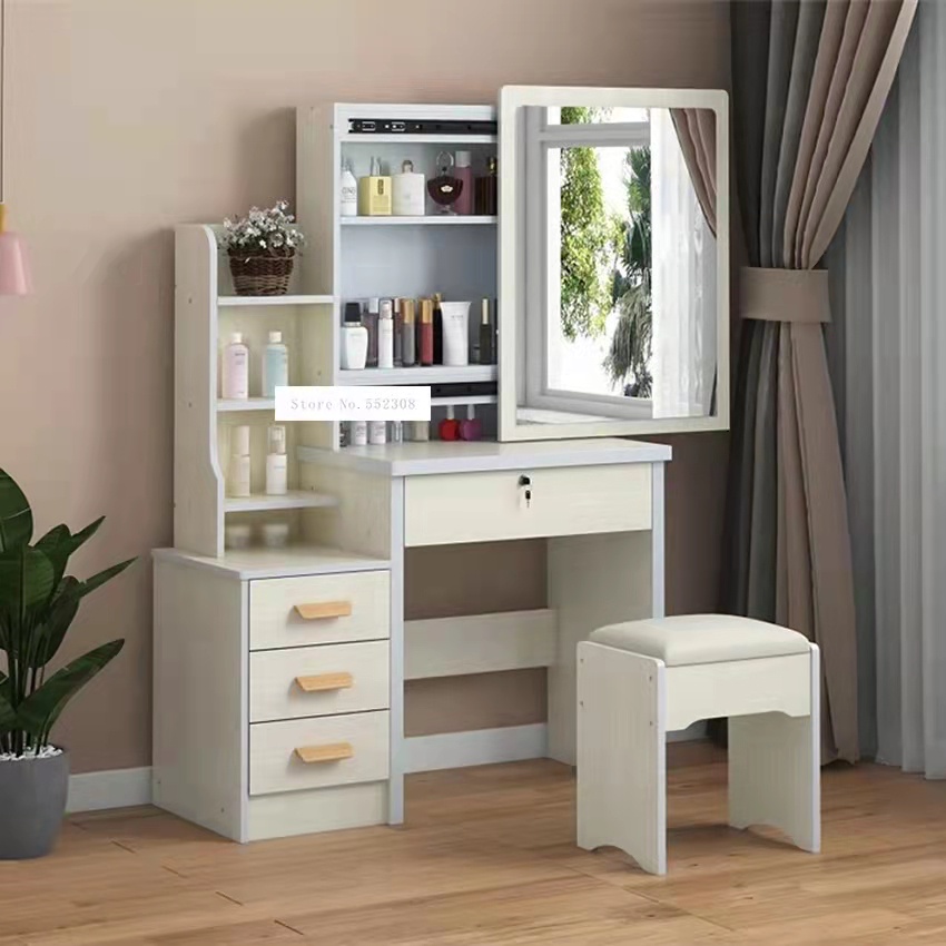 AIKI Make up Table Wooden Dressing Table with Mirror and Make Up Stool ...