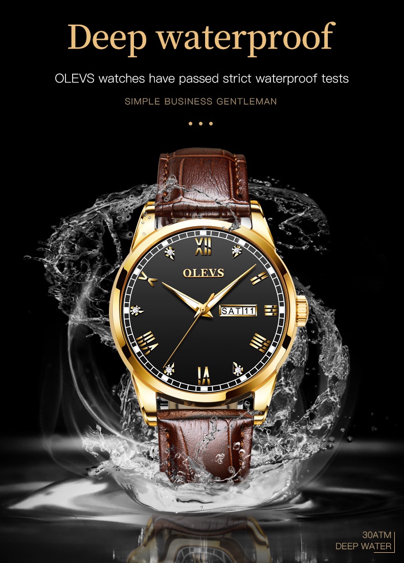 Olevs Watch For Men Leather Original Waterproof Relo Quartz Luminous ...