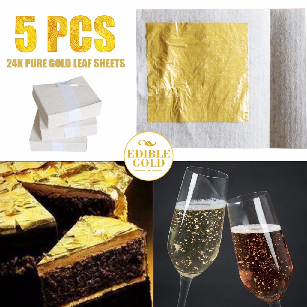 5Pcs/set Genuine Pure 24K Edible Gold Leaf 27mm Sheets Cake Baking ...