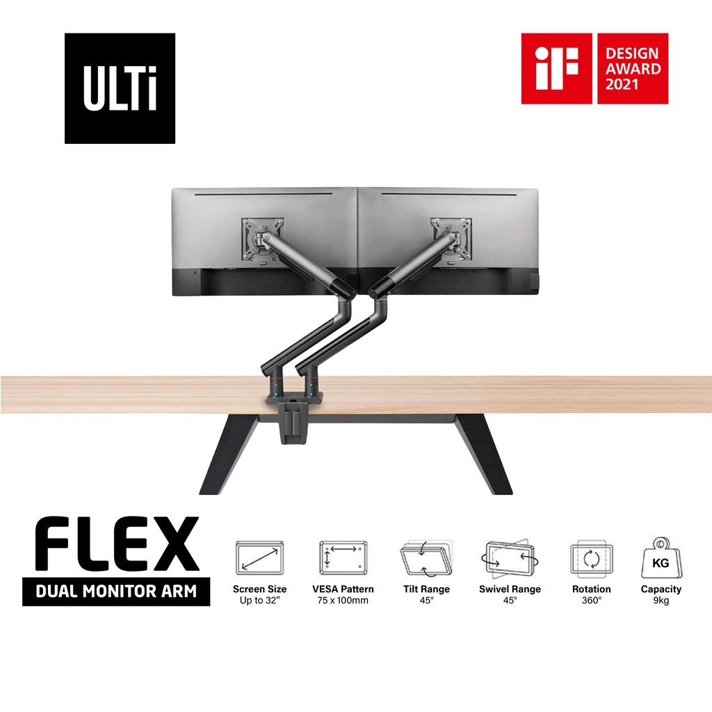 ULTi Flex Dual Monitor Arm, Height Adjustable Mechanical Spring Monitor ...