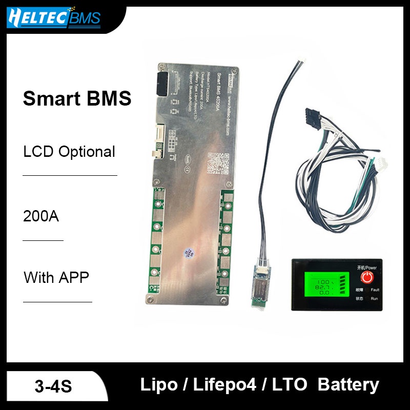 Heltec 12V Smart BMS 4S 3S LiFePo4 12V 50A 100A 200A Li-Ion LTO bms balance APP LCD RS485 ...