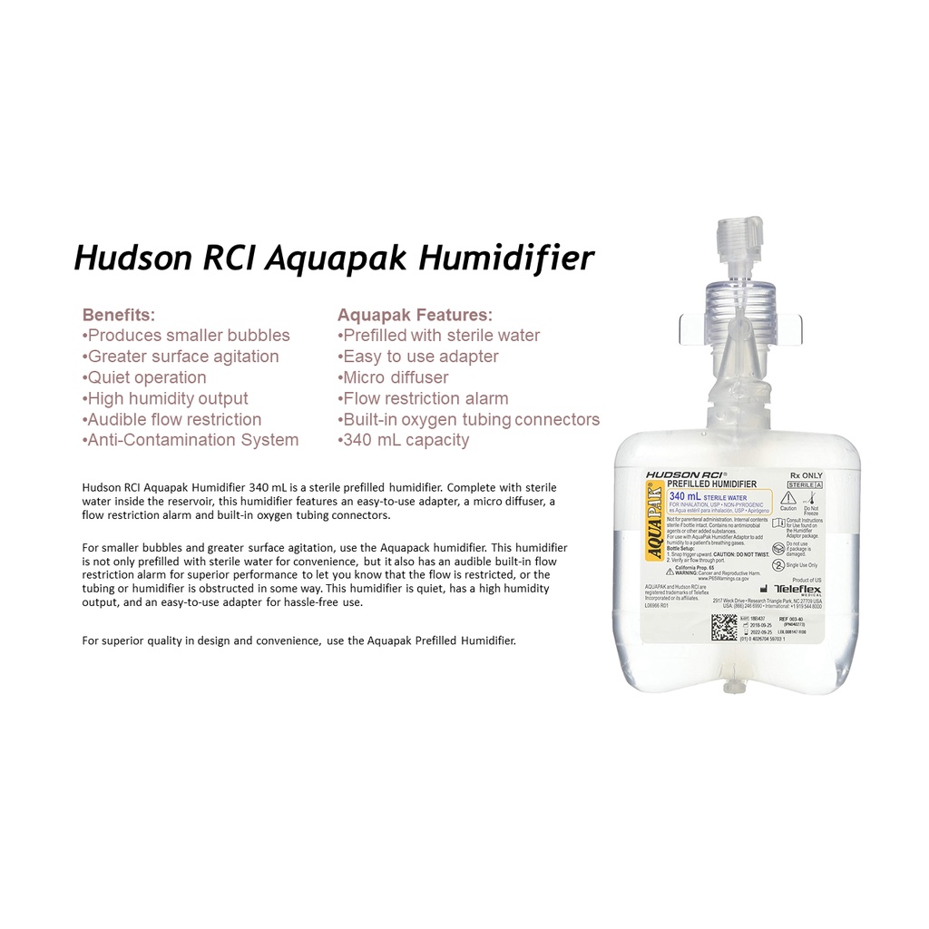 Hudson RCI Aquapak Prefilled Humidifier and Adaptor 340ml Made in USA ...