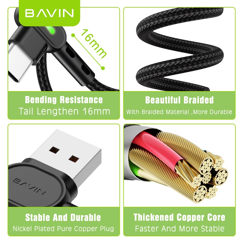 BAVIN CB258 60W Fast Charging LED Light Gaming Data Cable 90° Angle w ...