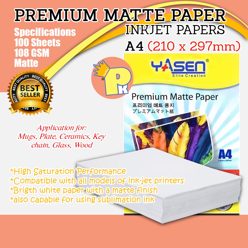 Yasen Premium Matte paper Inkjet Paper 108 GSM A4 100pcs | Shopee ...