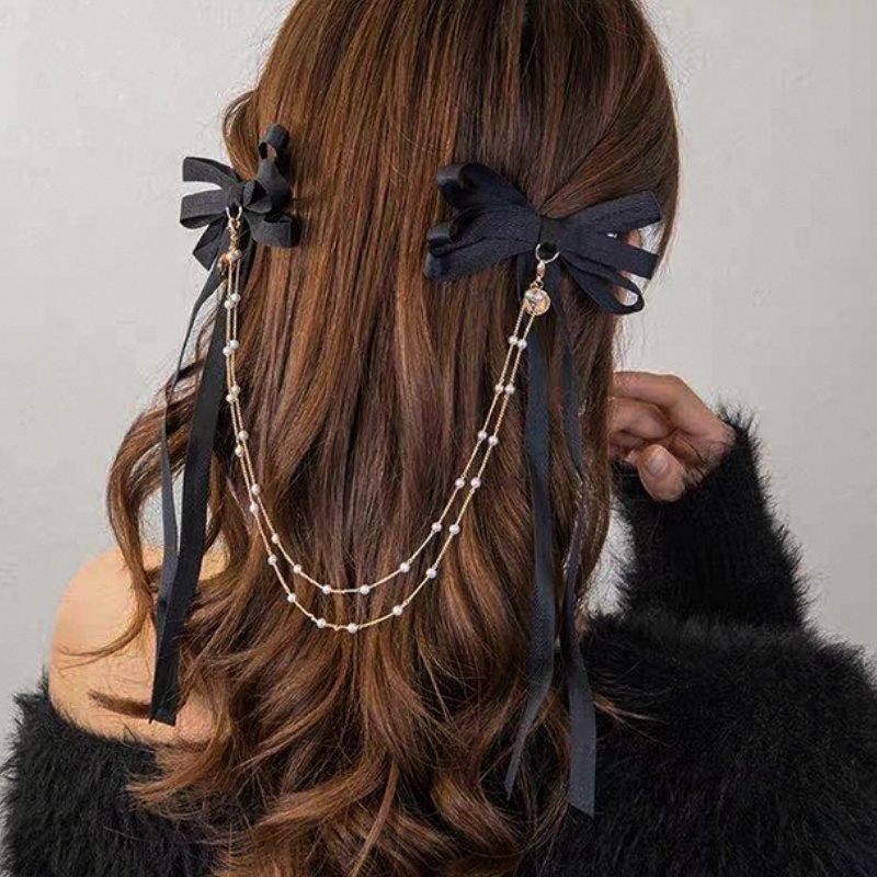 Black bow hairpin half tie hair tassel hairpin ribbon side back of head ...