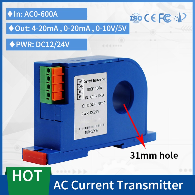 31mm Hole AC Electric Current Sensor Transmitter 10A-600A Input 4-20mA Transducer Converter ...