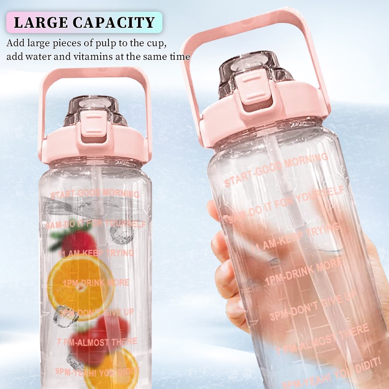 2L Large-capacity Water Bottle Bounce Cover with Straw Water Bottle Anti-fall with Scale Sports ...